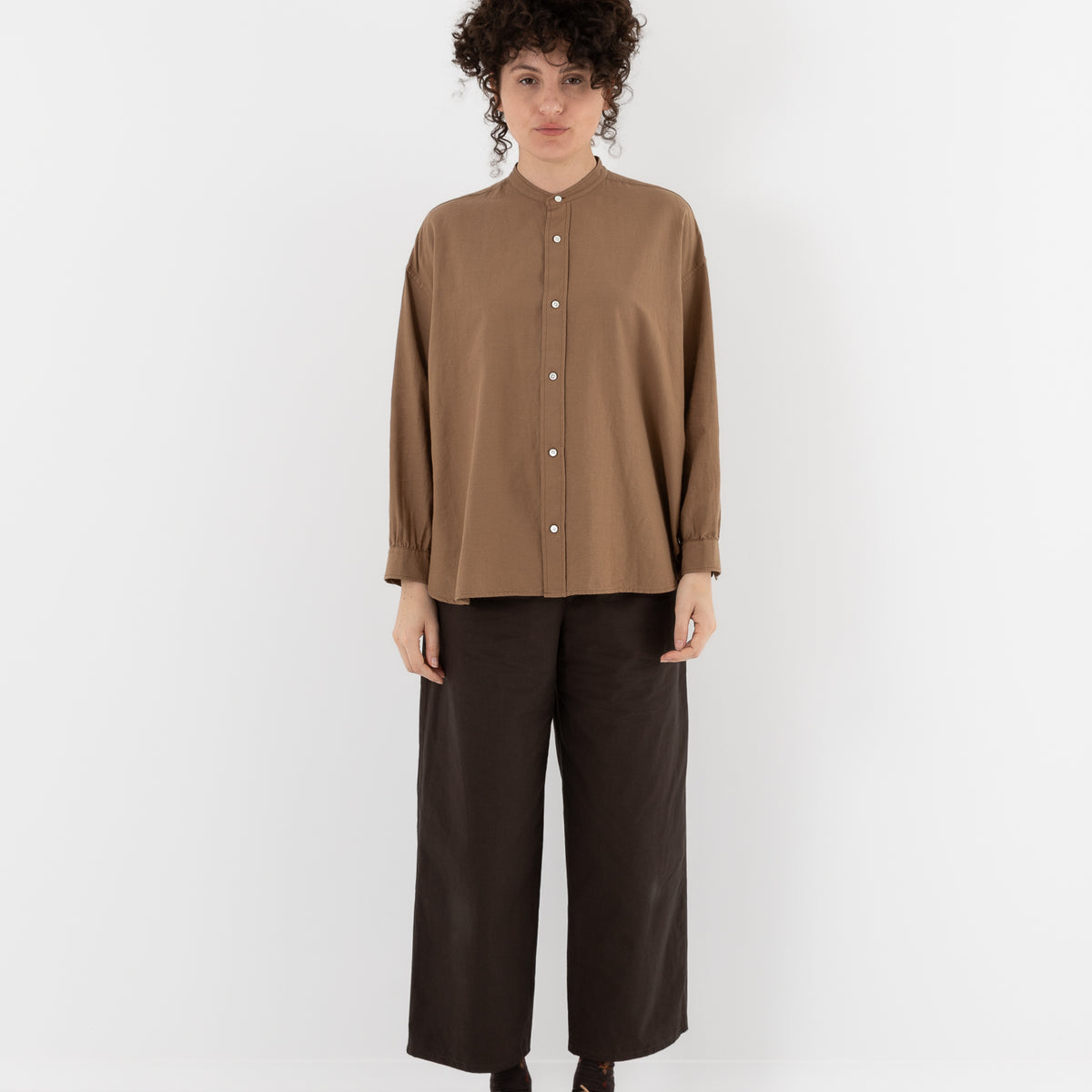 Arts & Science Band Collar Simple Shirt in Dark Mocha Beige at Worthwhile